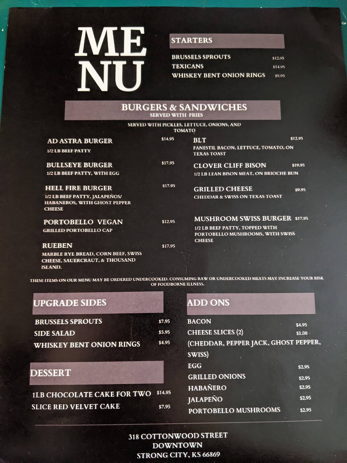 Menu at Ad Astra Steakhouse, Strong City
