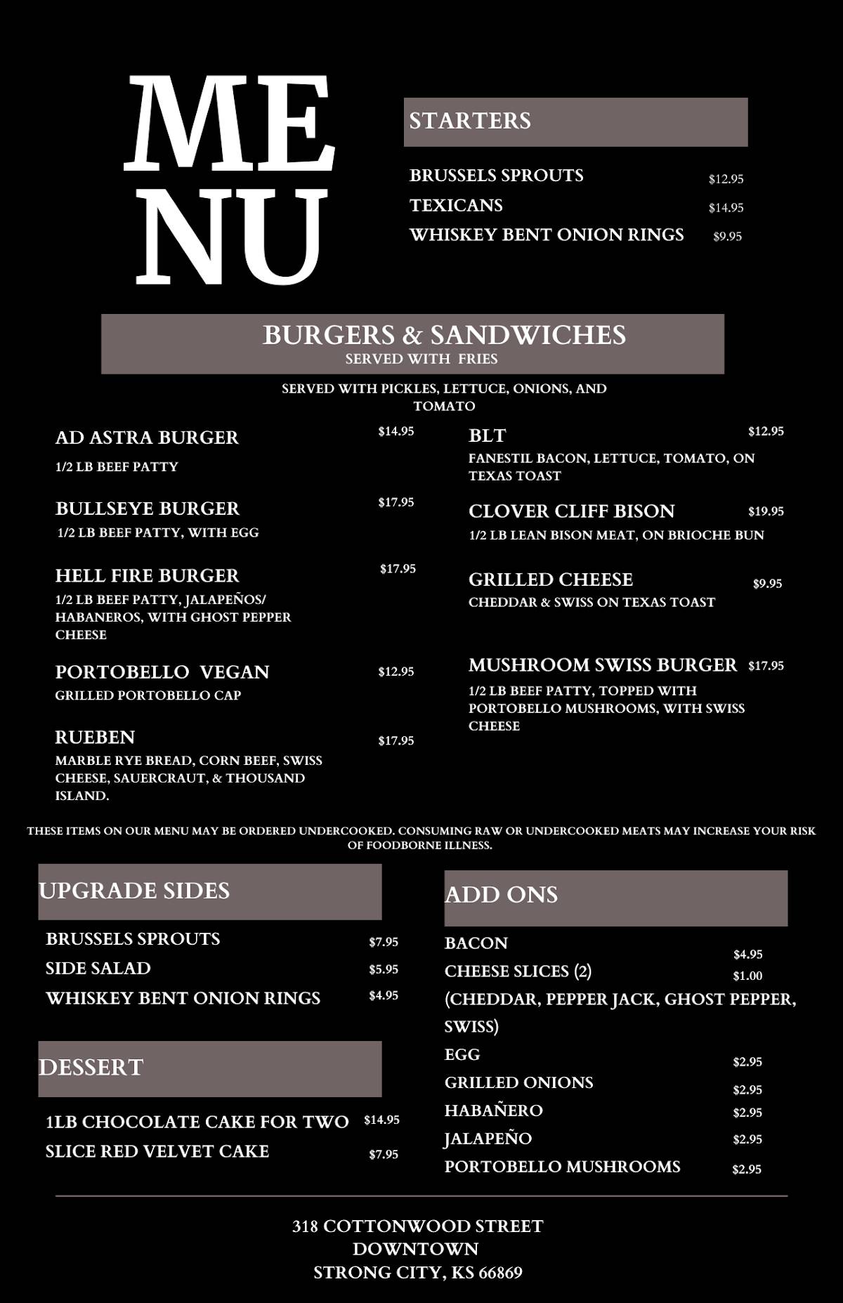 Menu at Ad Astra Steakhouse, Strong City
