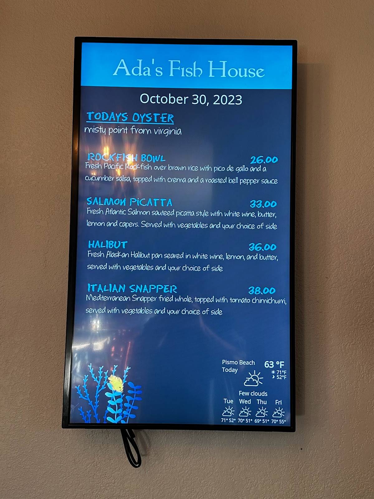 Menu at Ada’s Fish House pub & bar, Pismo Beach