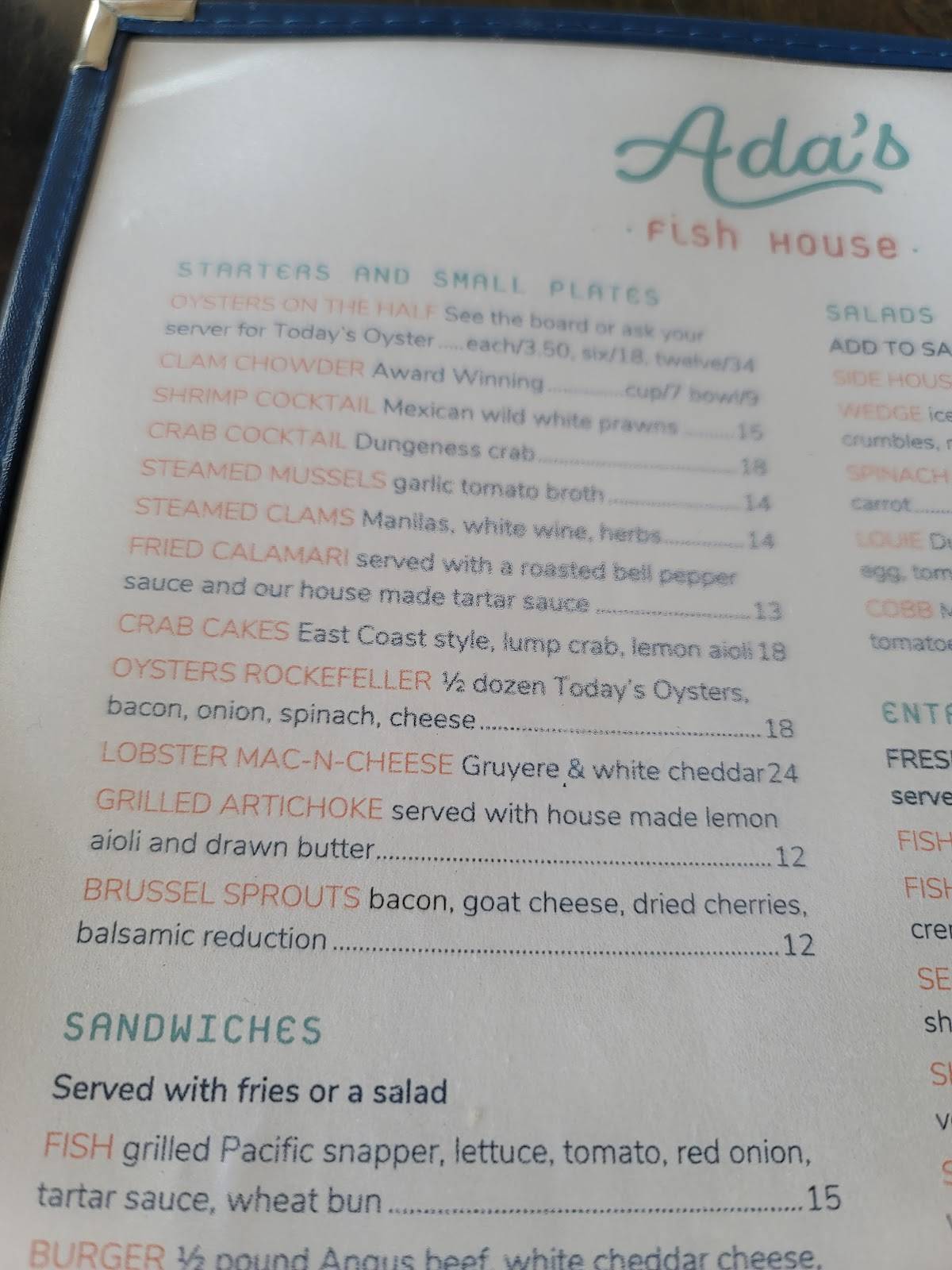 Menu at Ada’s Fish House pub & bar, Pismo Beach