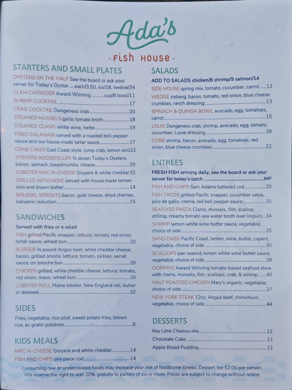 Carta del pub y bar Ada’s Fish House, Pismo Beach