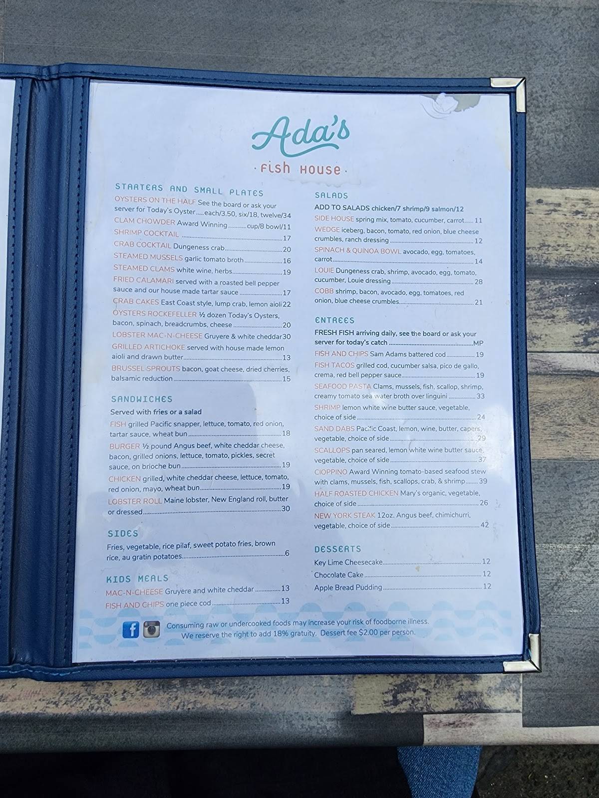 Menu at Ada’s Fish House pub & bar, Pismo Beach