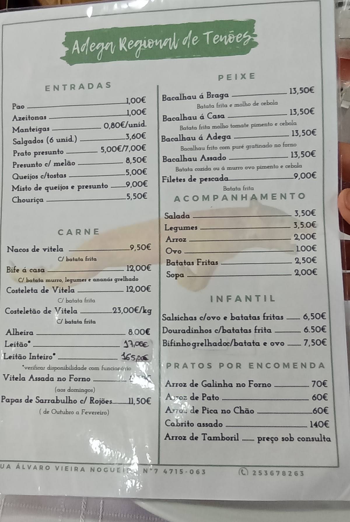 Menu at Adega Regional de Tenões restaurant, Braga