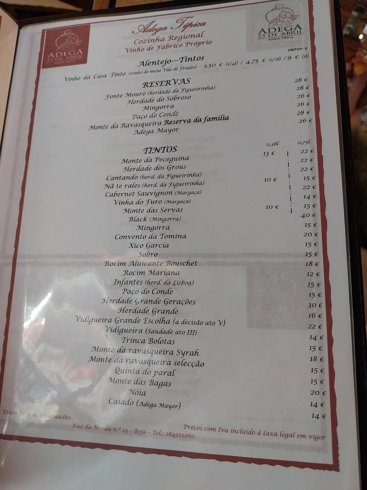 Menu at Adega Típica 25 de Abril restaurant, Beja