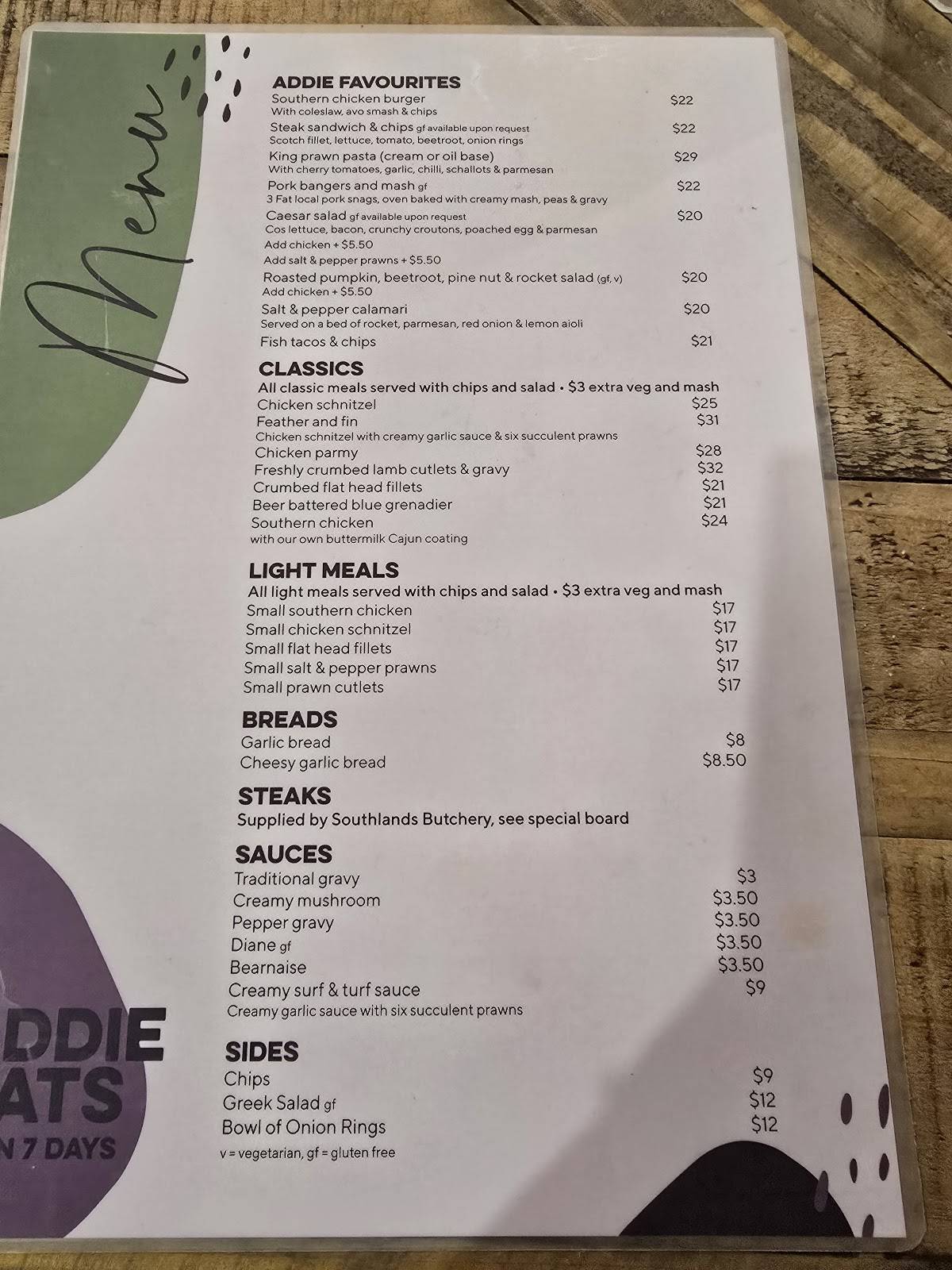 Menu at Adelaide Hotel Moruya pub & bar, Moruya