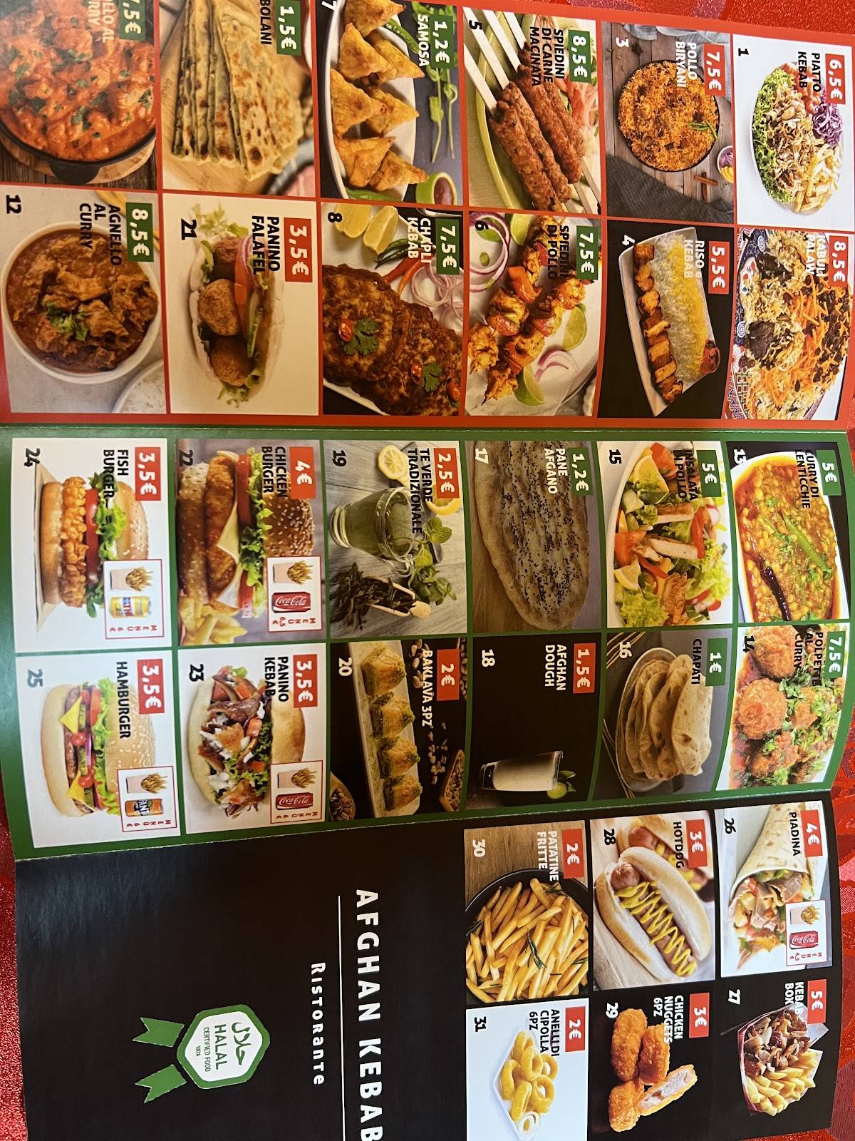 Menu at Afghan kebab ristorante, Macerata