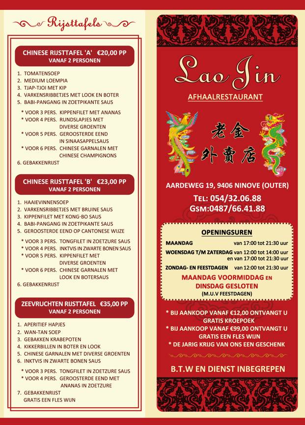 Menu at Afhaalrestaurant Lao Jin, Ninove