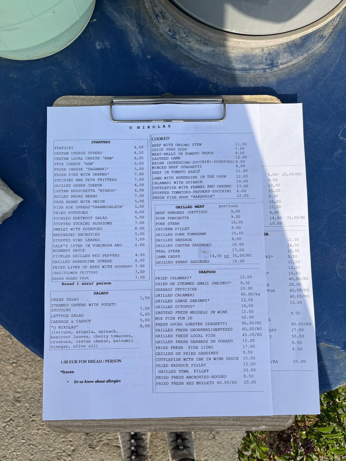 Menu at Taverna " o Nikolas", Agia Pelagia