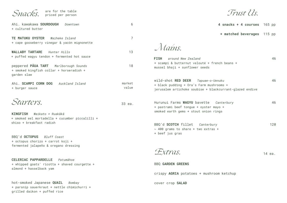 Menu at Ahi. restaurant, Auckland