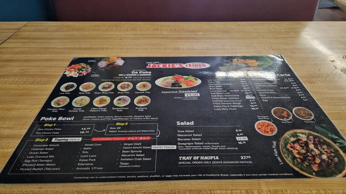 Menu at Jackie's Diner restaurant, Aiea