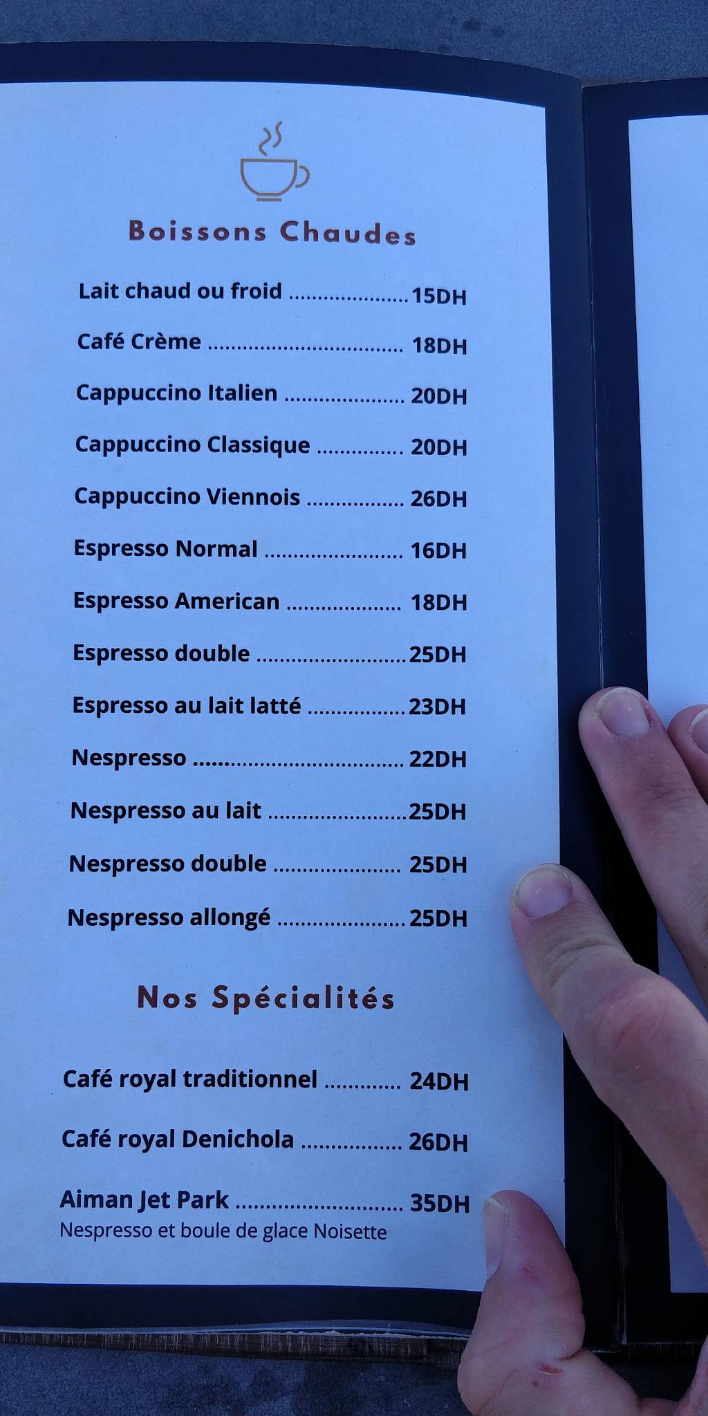 Menu at Aiman Jet Park cafe, El Hoceima