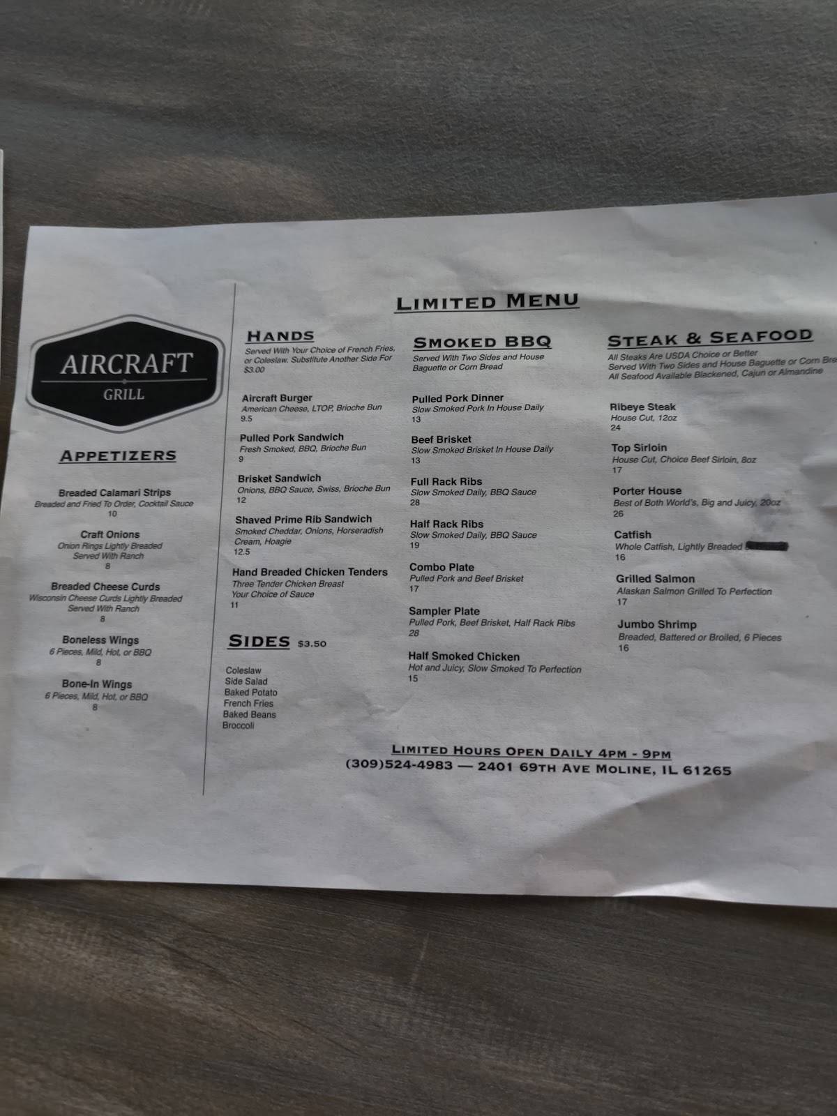 Menu at Aircraft Grill pub & bar, Moline