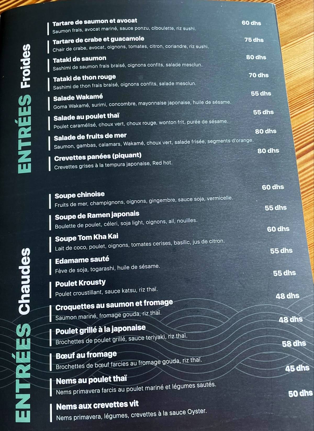 Menu at Akai Sushi restaurant, Tangier