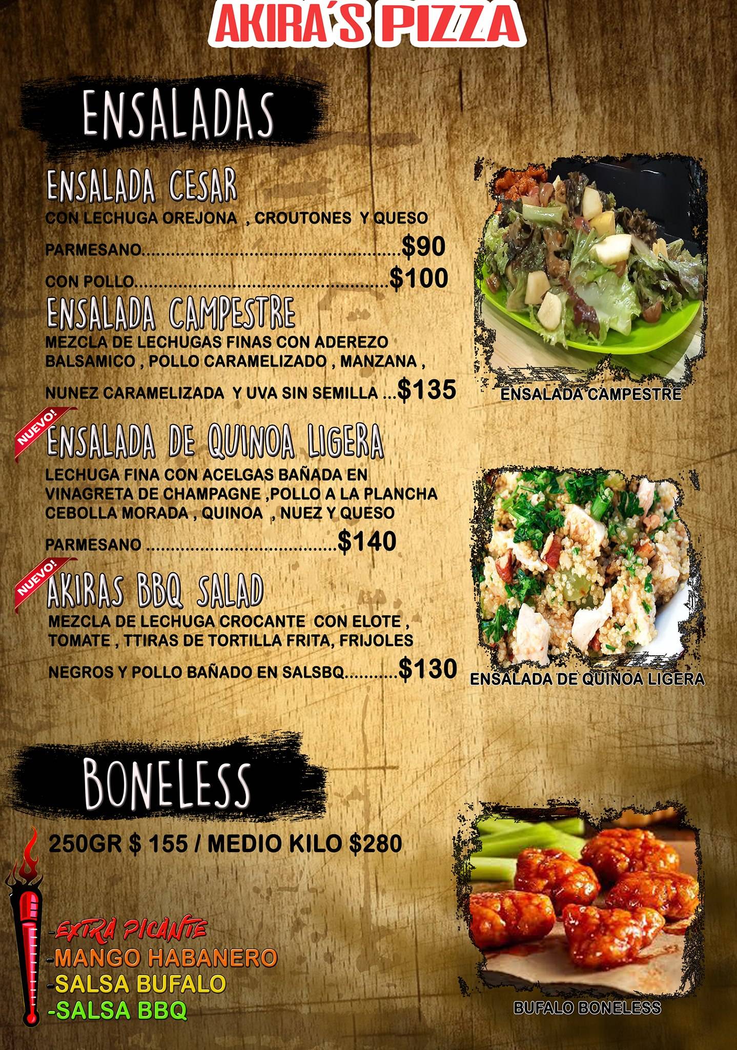 Carta del restaurante Akiras Pizza, Ensaladas y Boneless, Monterrey