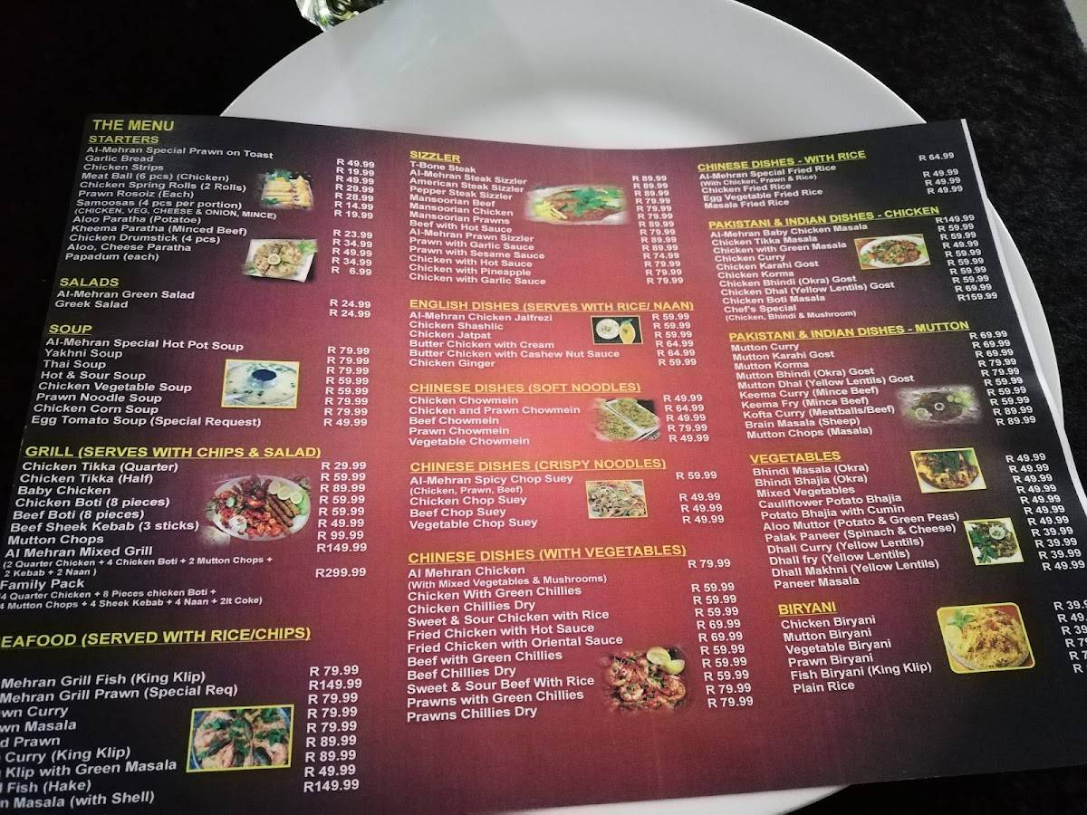 Menu at Al-Mehran Family Restaurant and Takeaway, Pietermaritzburg