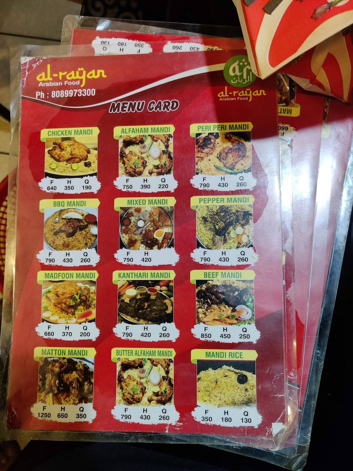 Menu at Al Rayan Arabian Food, Pala