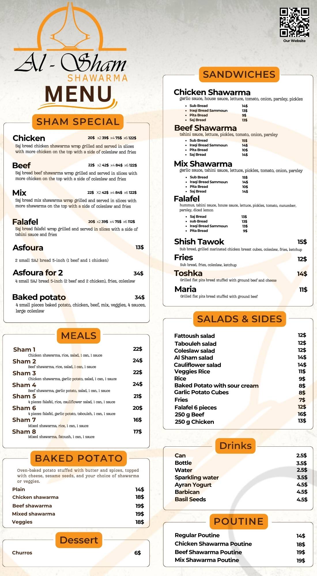 Menu at Al-Sham Shawarma restaurant, Ottawa