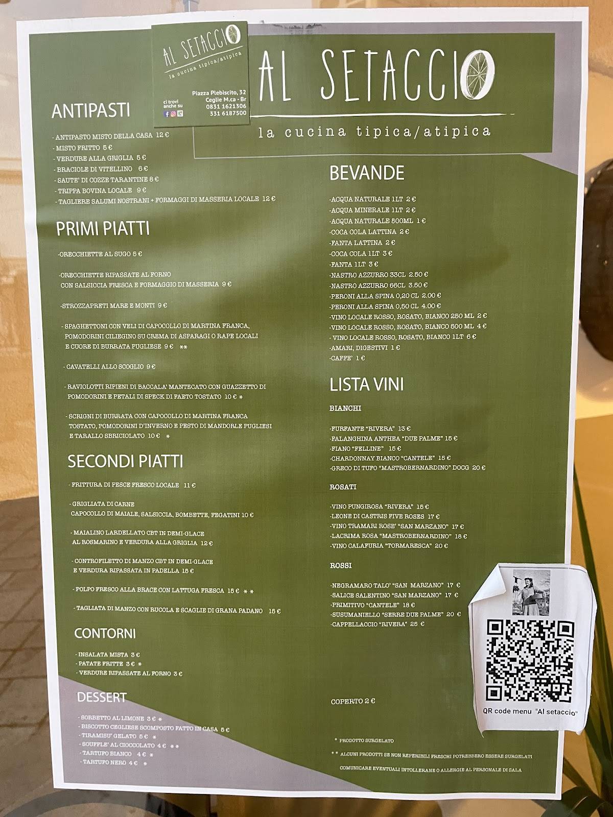 Carta del restaurante Al setaccio, Ceglie Messapica