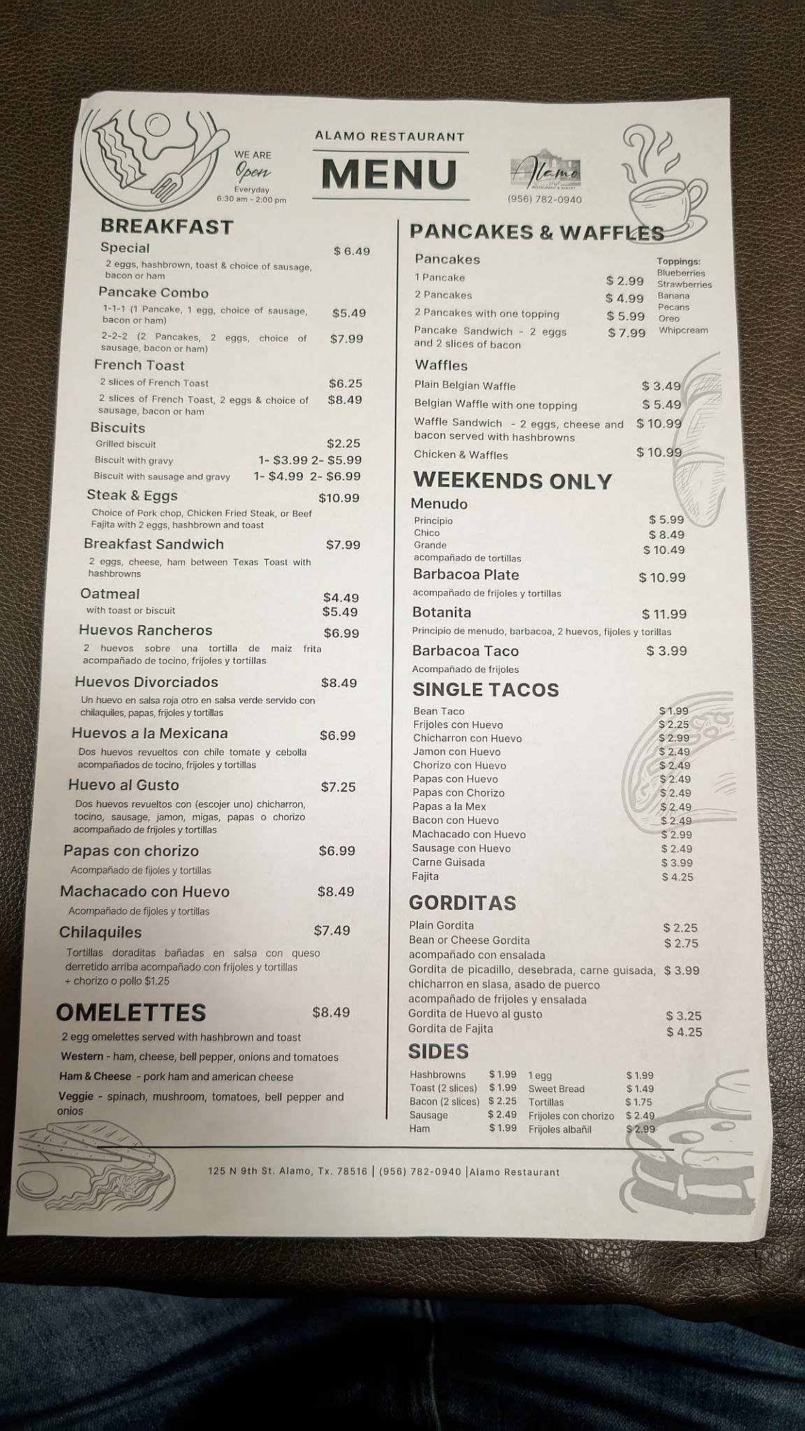 Menu at Alamo Restaurant, Alamo, 125 N 9th St