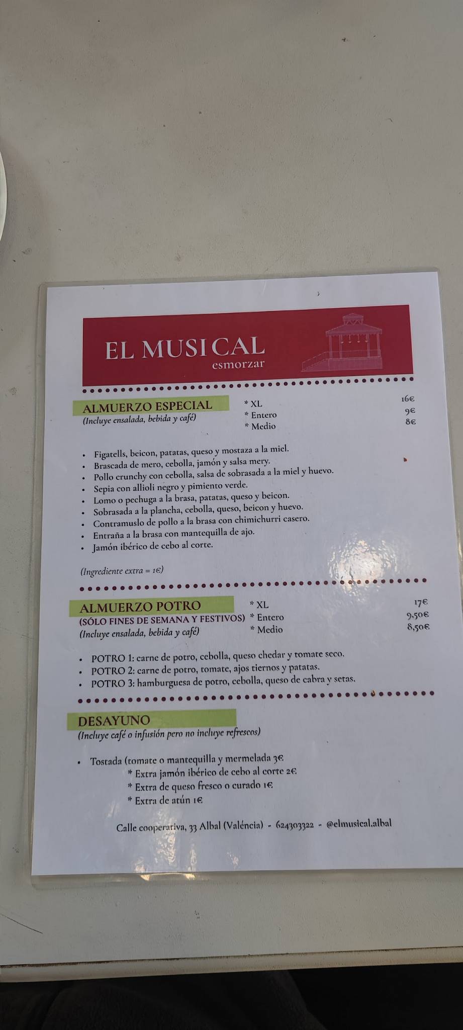 Carta de Bar Restaurante "El Musical", Albal