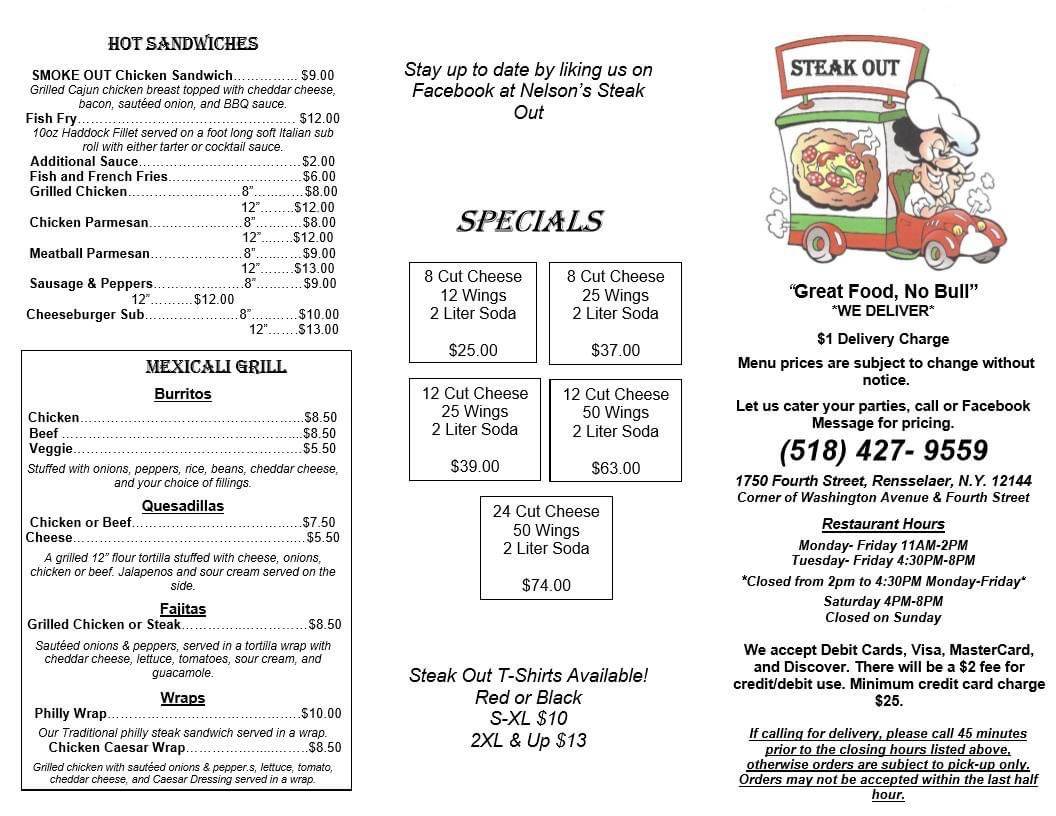 Menu at Nelsons Steak Out steakhouse, Rensselaer