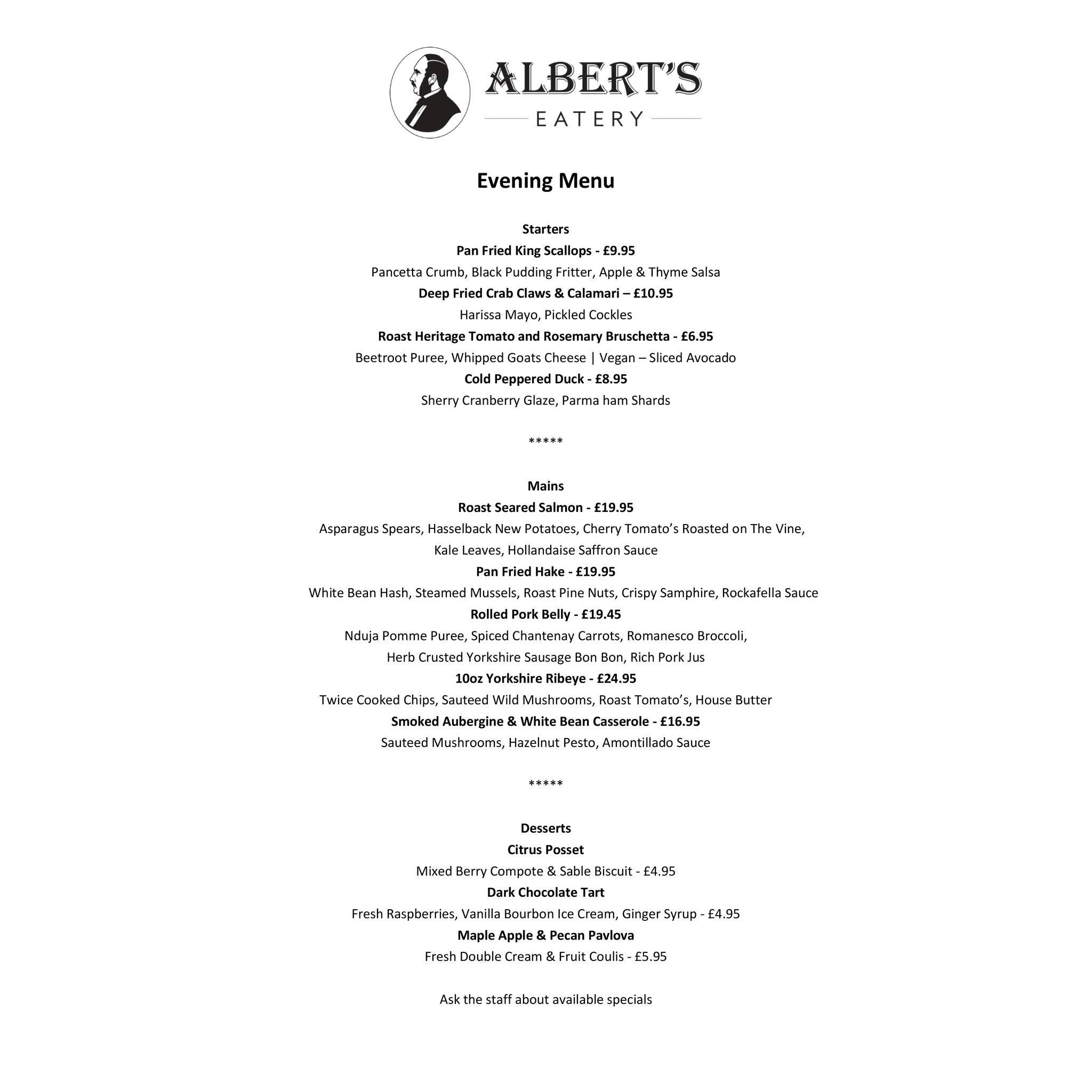 Menu at Albert Eatery restaurant, Whitby