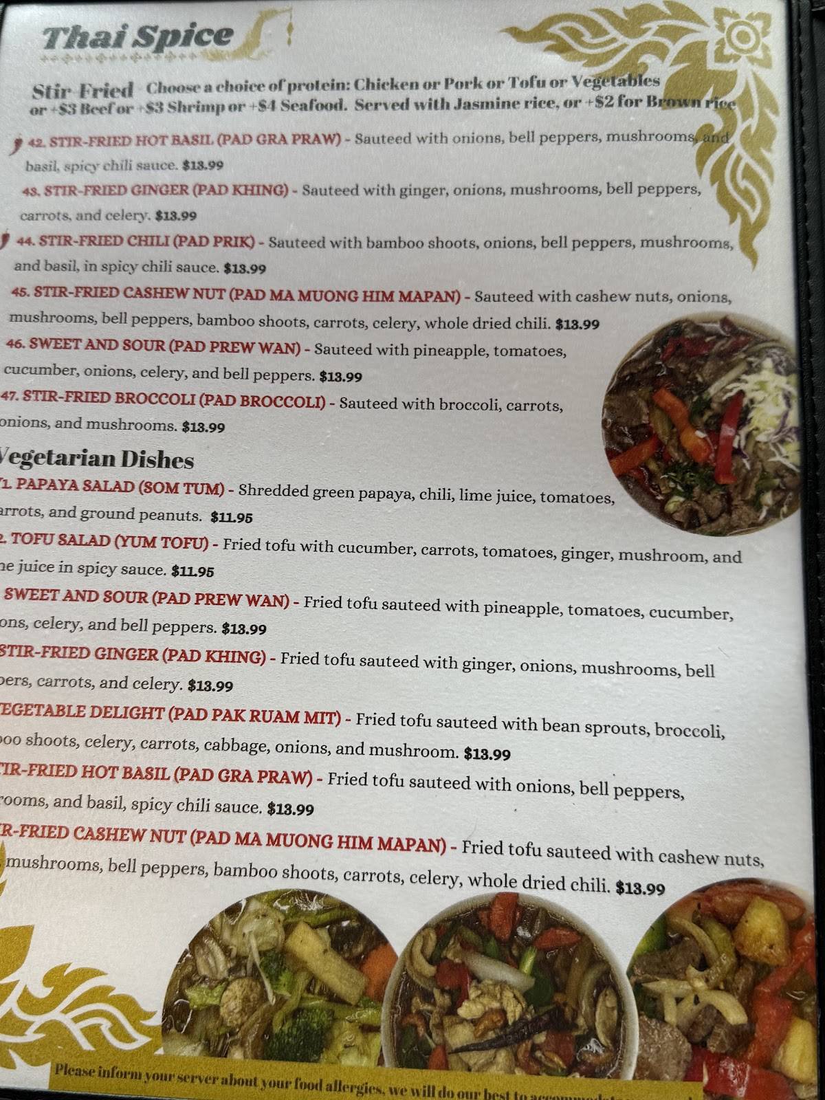 Menu at Thai Spice restaurant, Albuquerque