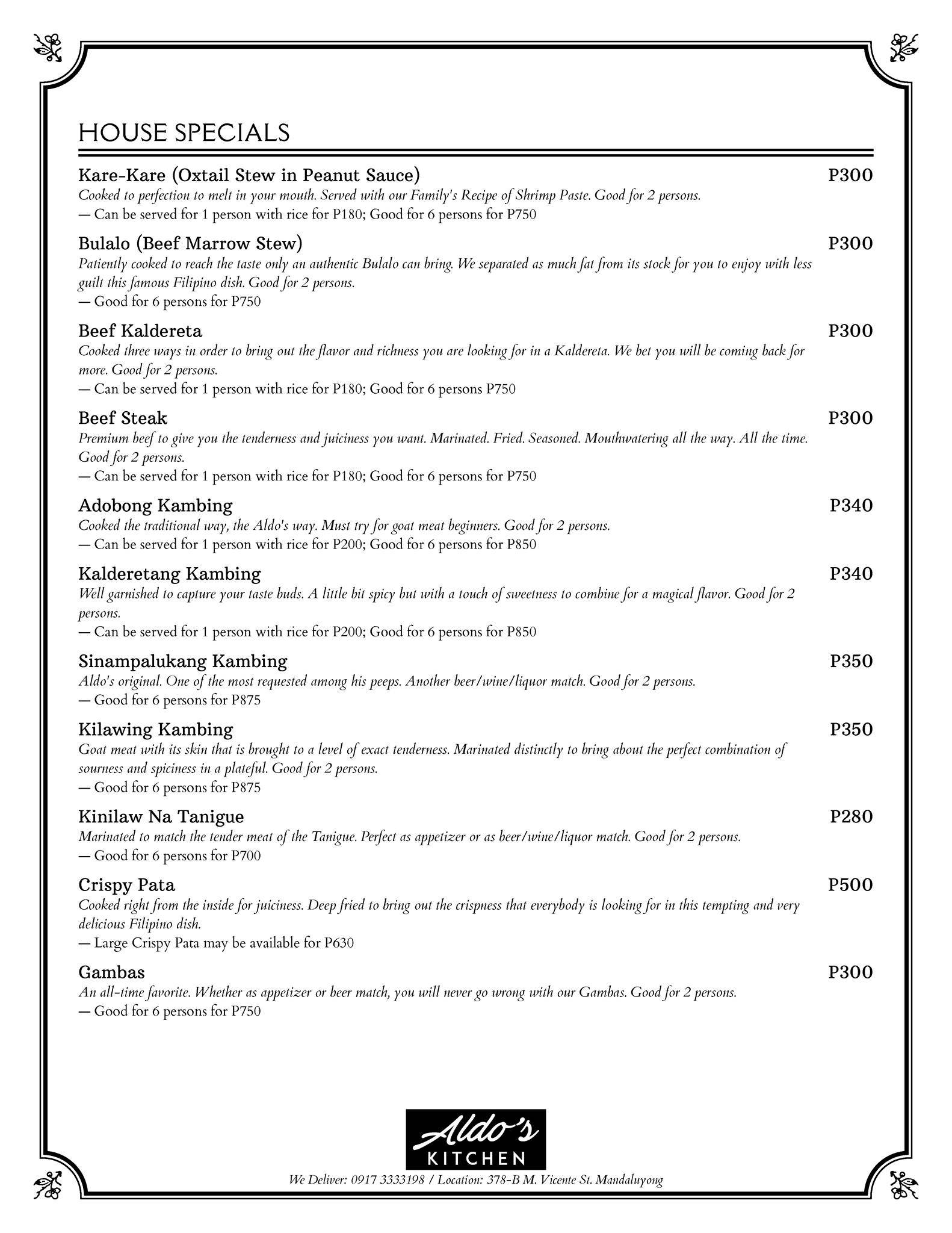 Carta del restaurante Aldo's Kitchen, Mandaluyong, 378-B M. Vicente St.