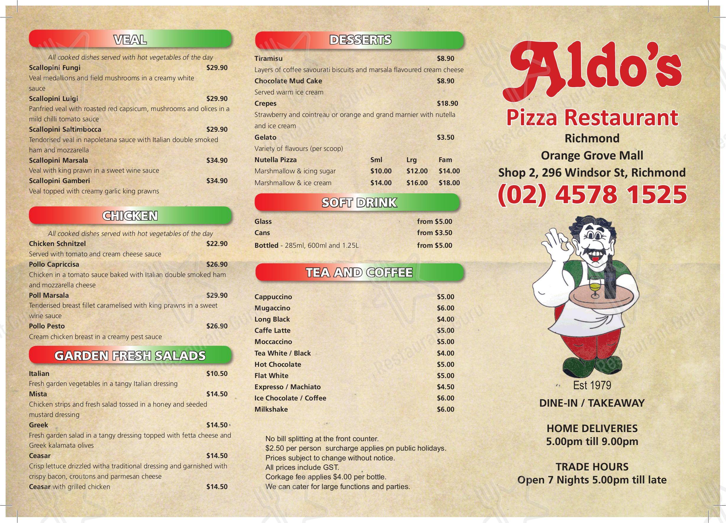 Menu at Aldo's Pizza Restaurant, Richmond