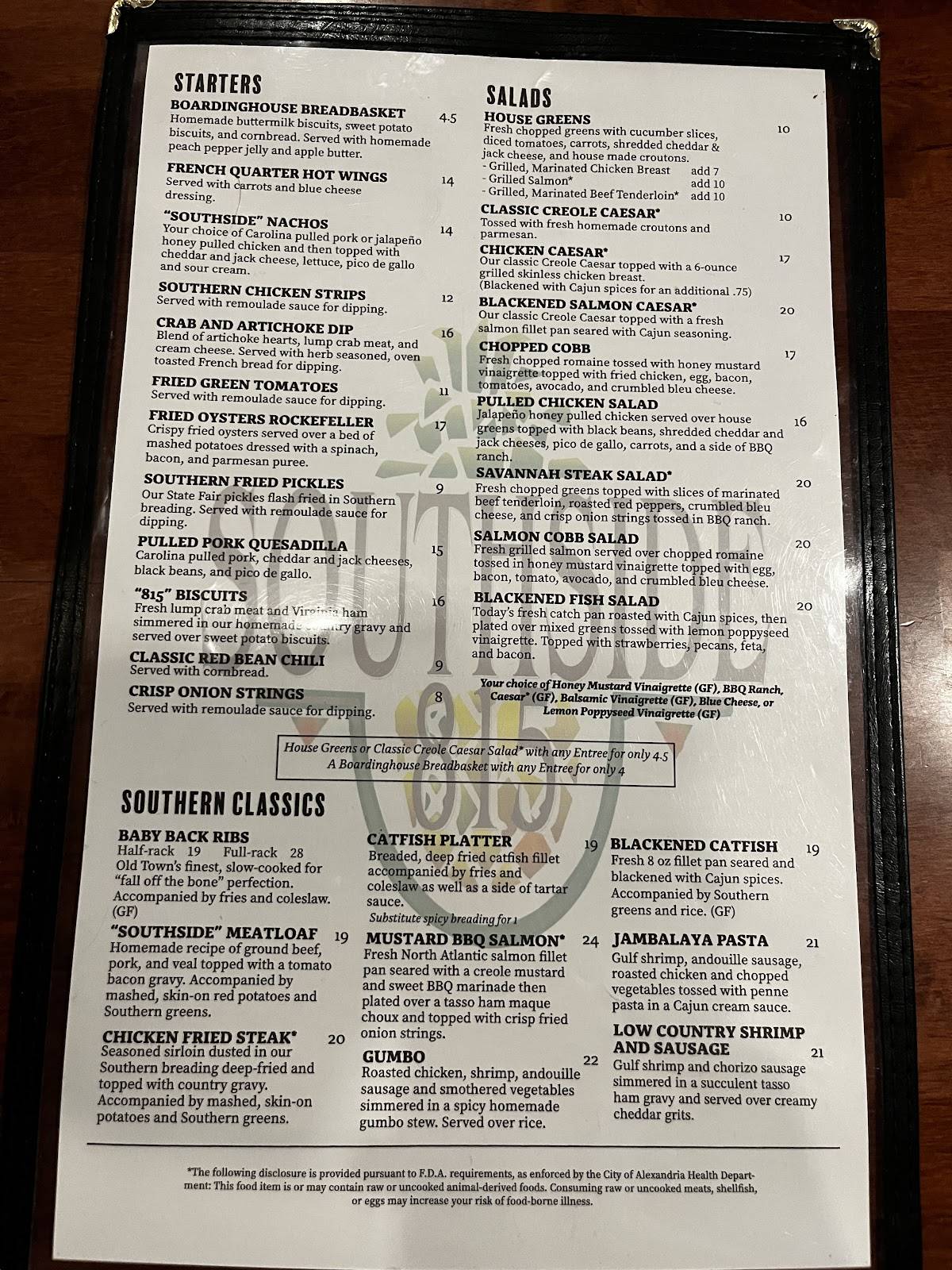 Menu at Southside 815 pub & bar, Alexandria