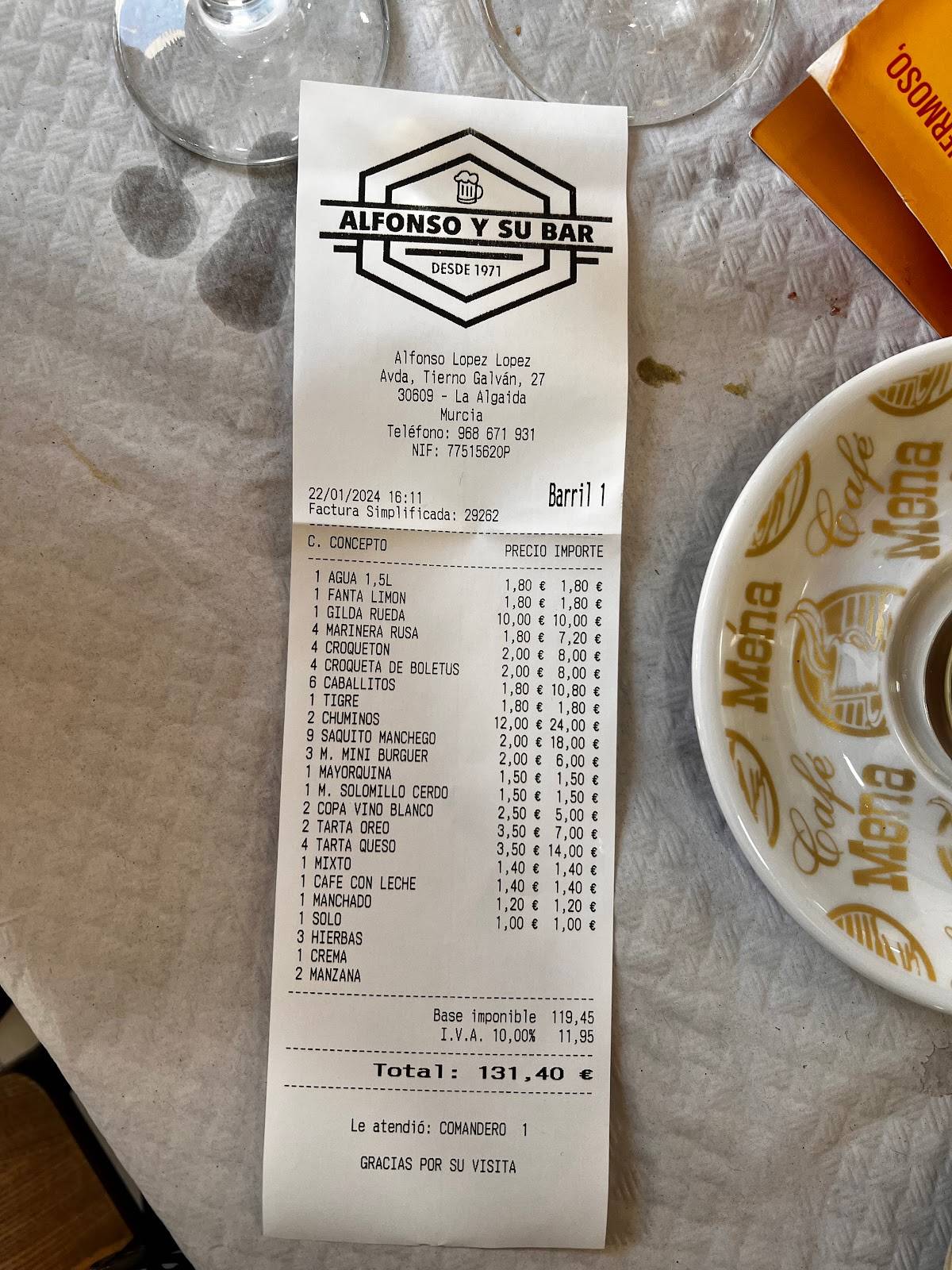 Carta de CERVECERÍA “ALFONSO Y SU BAR”, Archena