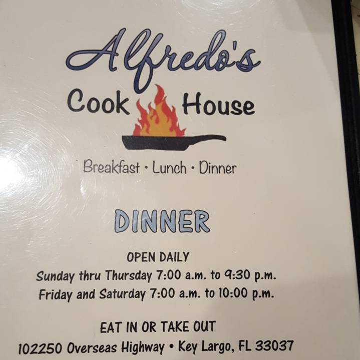 Menu at Alfredo's Cookhouse restaurant, Key Largo