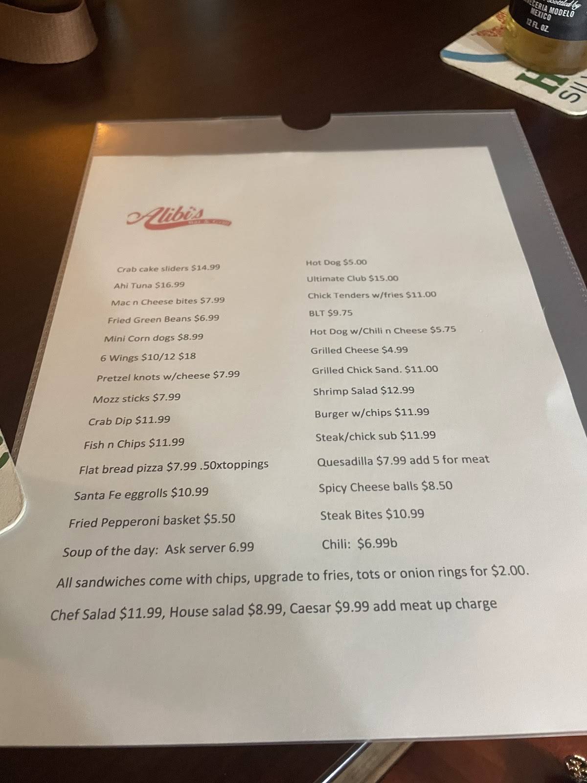 Carta de Alibi's Bar and Grill, Pasadena