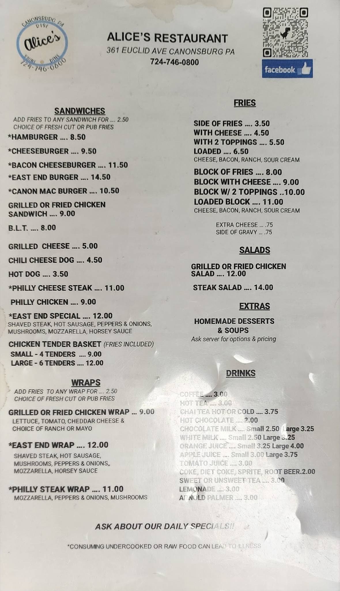 Menu at Alice's Restaurant, Canonsburg, 361 Euclid Ave