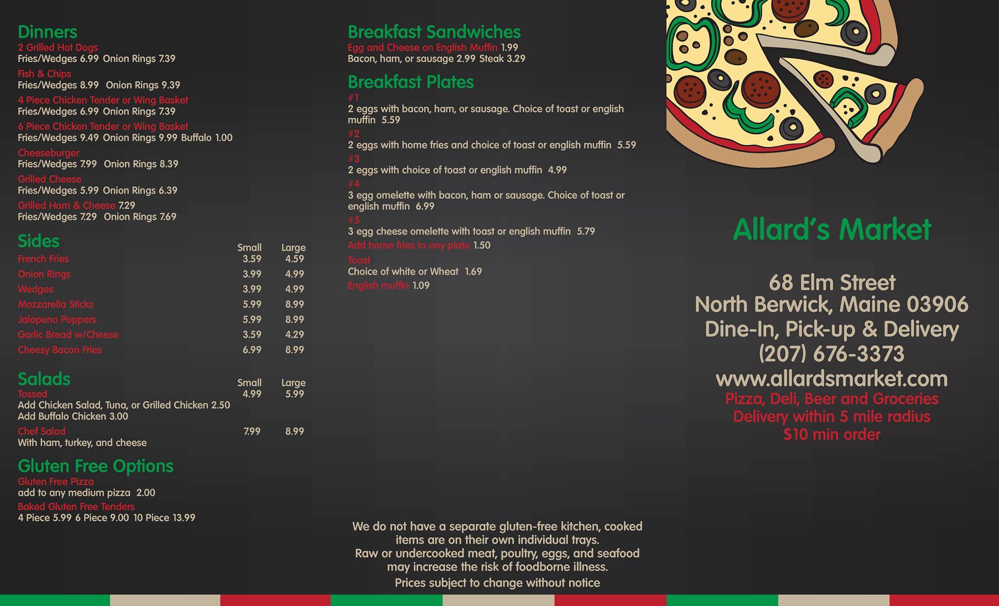Menu at Allard's Market & Deli pizzeria, North Berwick