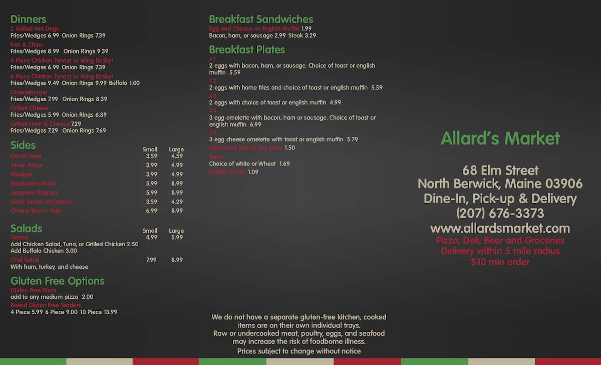 Menu at Allard's Market & Deli pizzeria, North Berwick