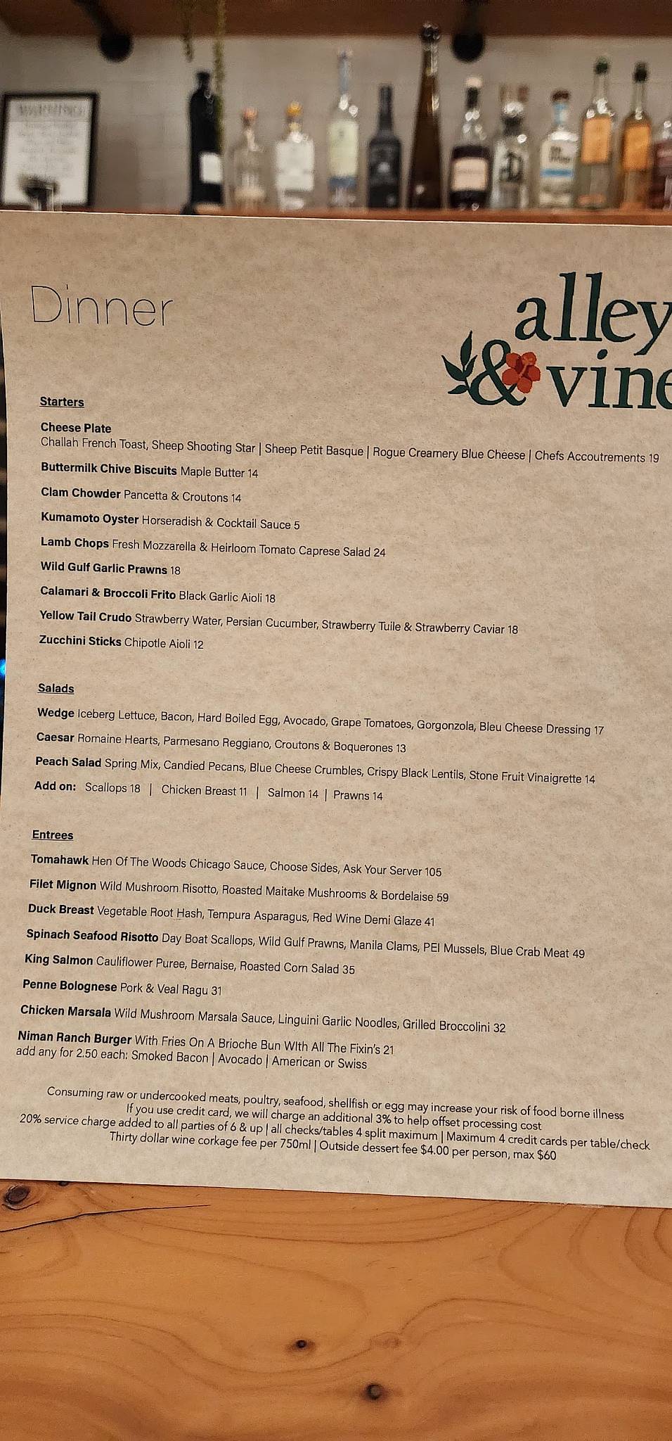 Menu at Alley & Vine pub & bar, Alameda