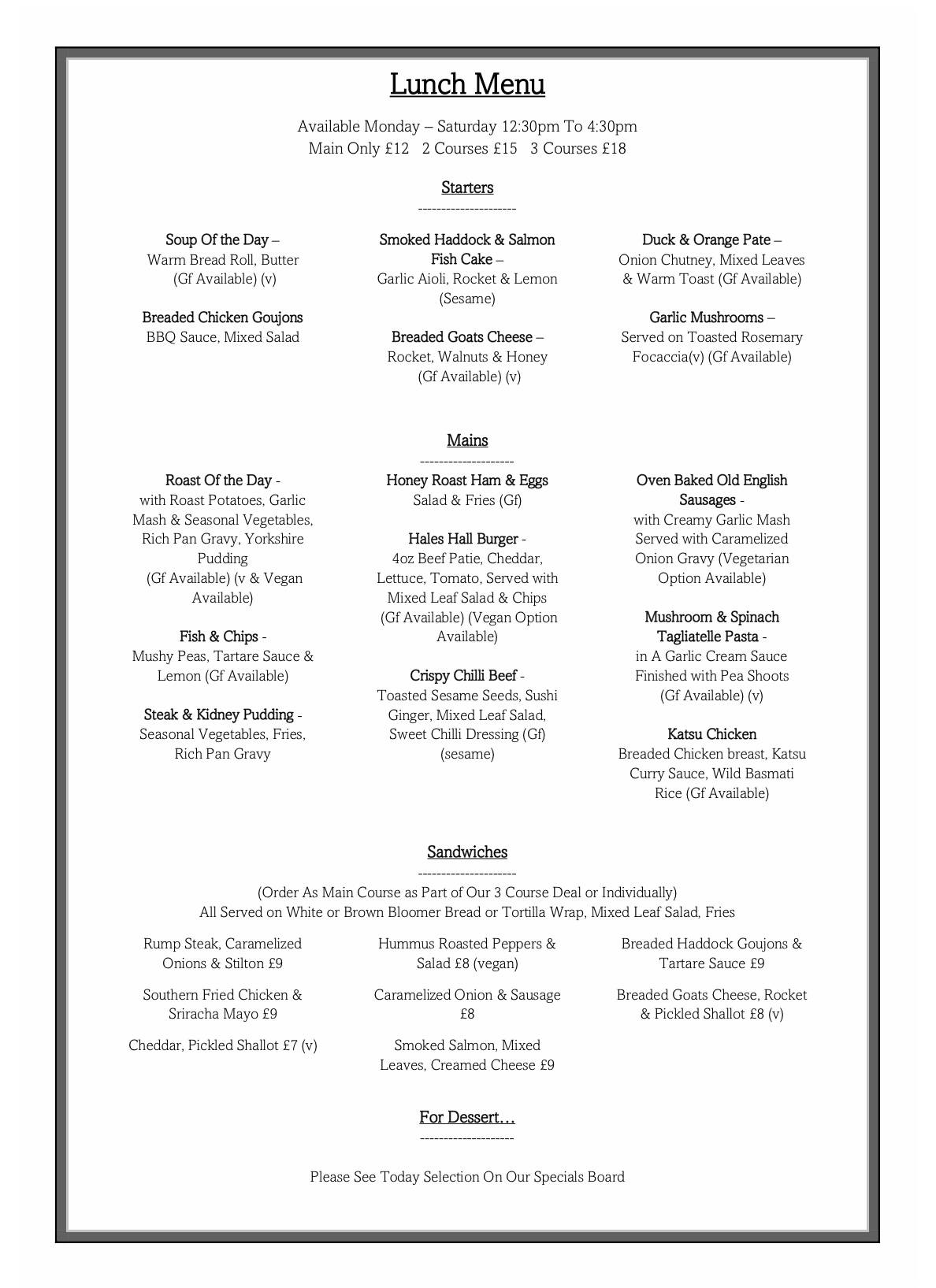 Menu at The Grosvenor Restaurant at Hales Hall, Alton