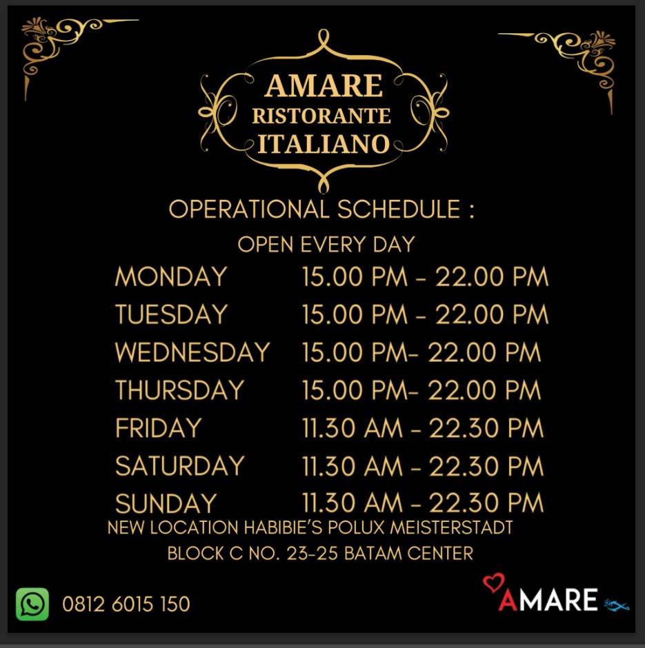 Menu at Amare Ristorante & Bar Italiano, Batam, Pollux Meisterstadt