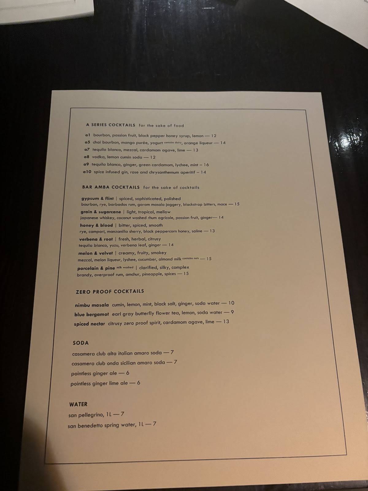 Menu at Amba restaurant, Cleveland