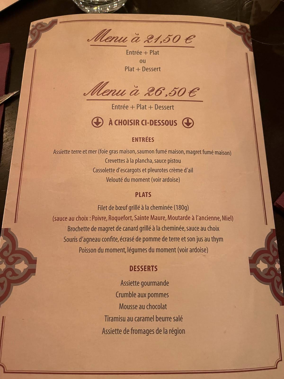Menu au Le Parvis restaurant à viande, Amboise