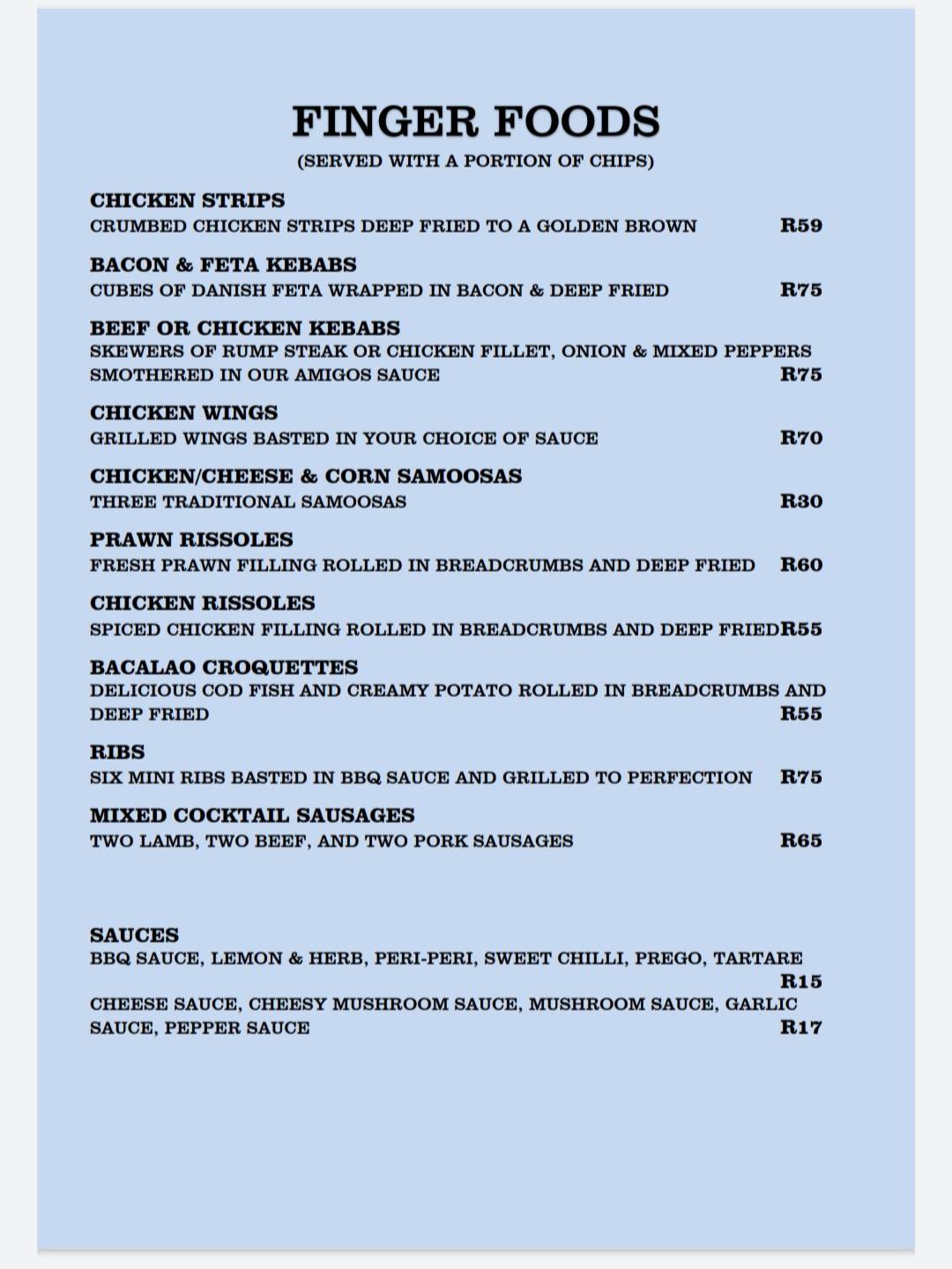 Menu at Amigos restaurant, Boksburg, Elizabeth Rd