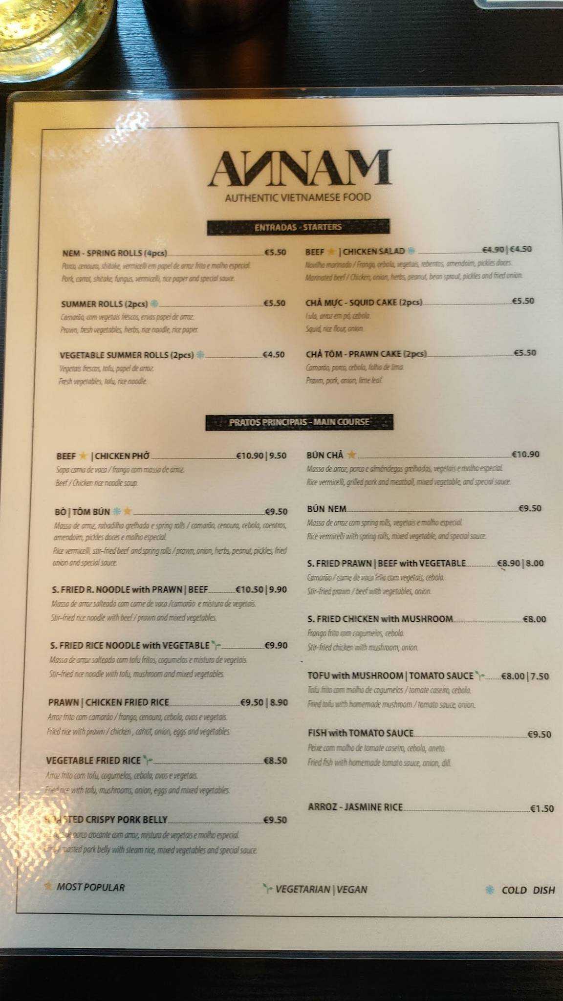 Menu at AnNam Lisboa restaurant, Lisbon