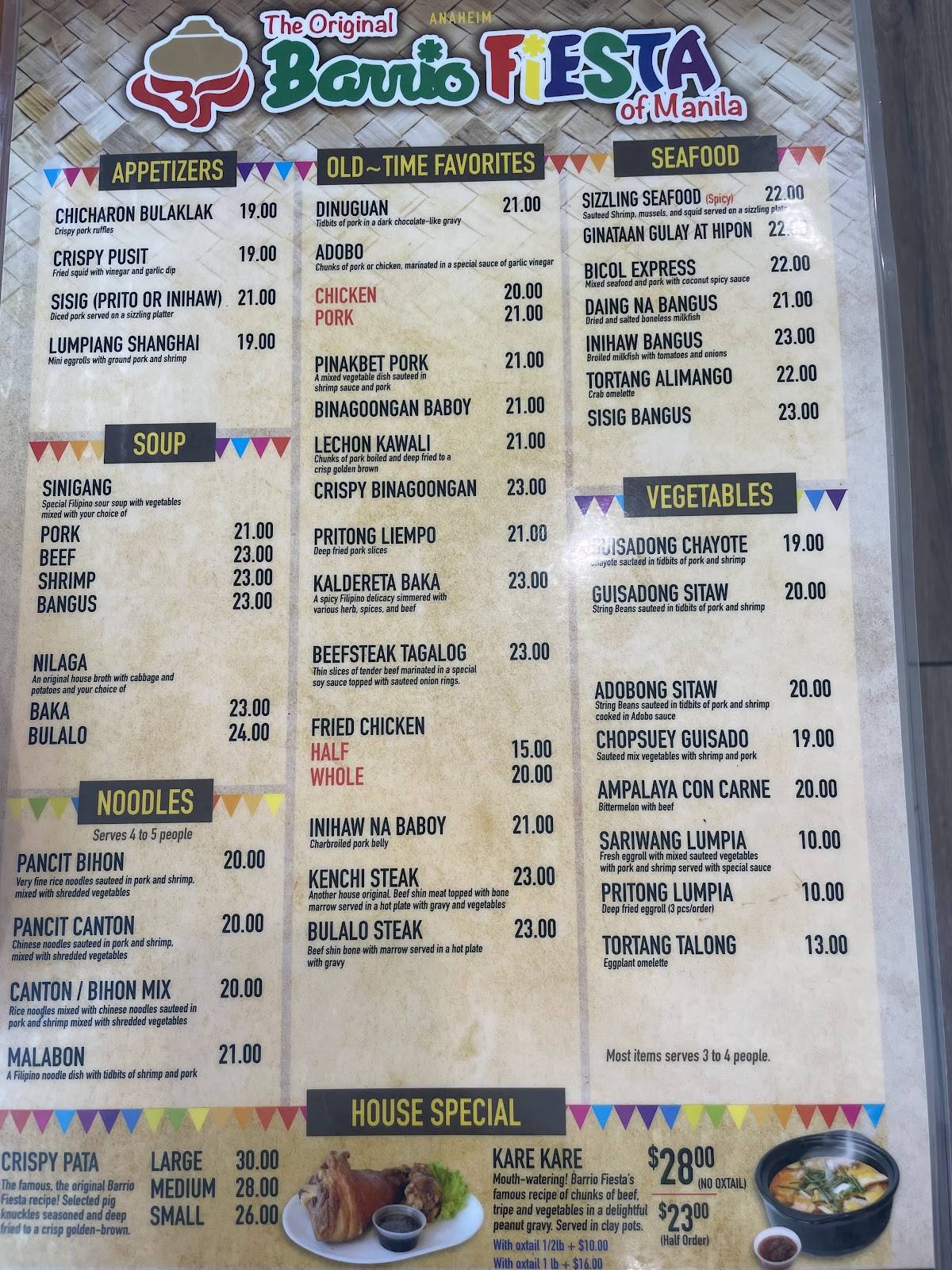 Menu at The Original Barrio Fiesta Of Manila, Anaheim