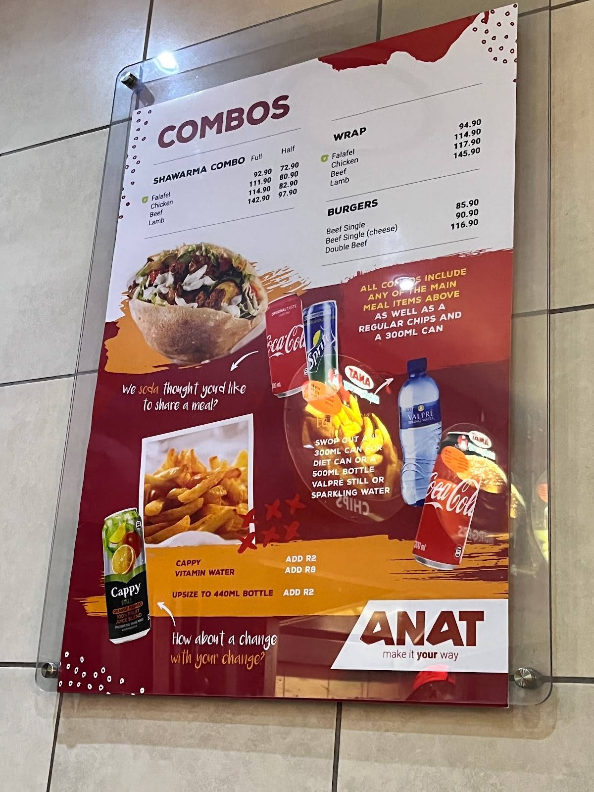 Menu at Anat Menlyn restaurant, Pretoria, Menlyn Park