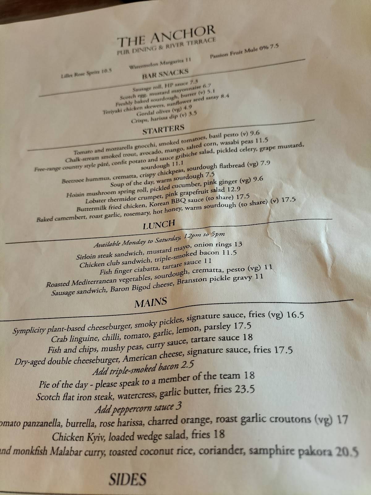 Menu at Anchor Cambridge pub & bar, Cambridge, Silver St