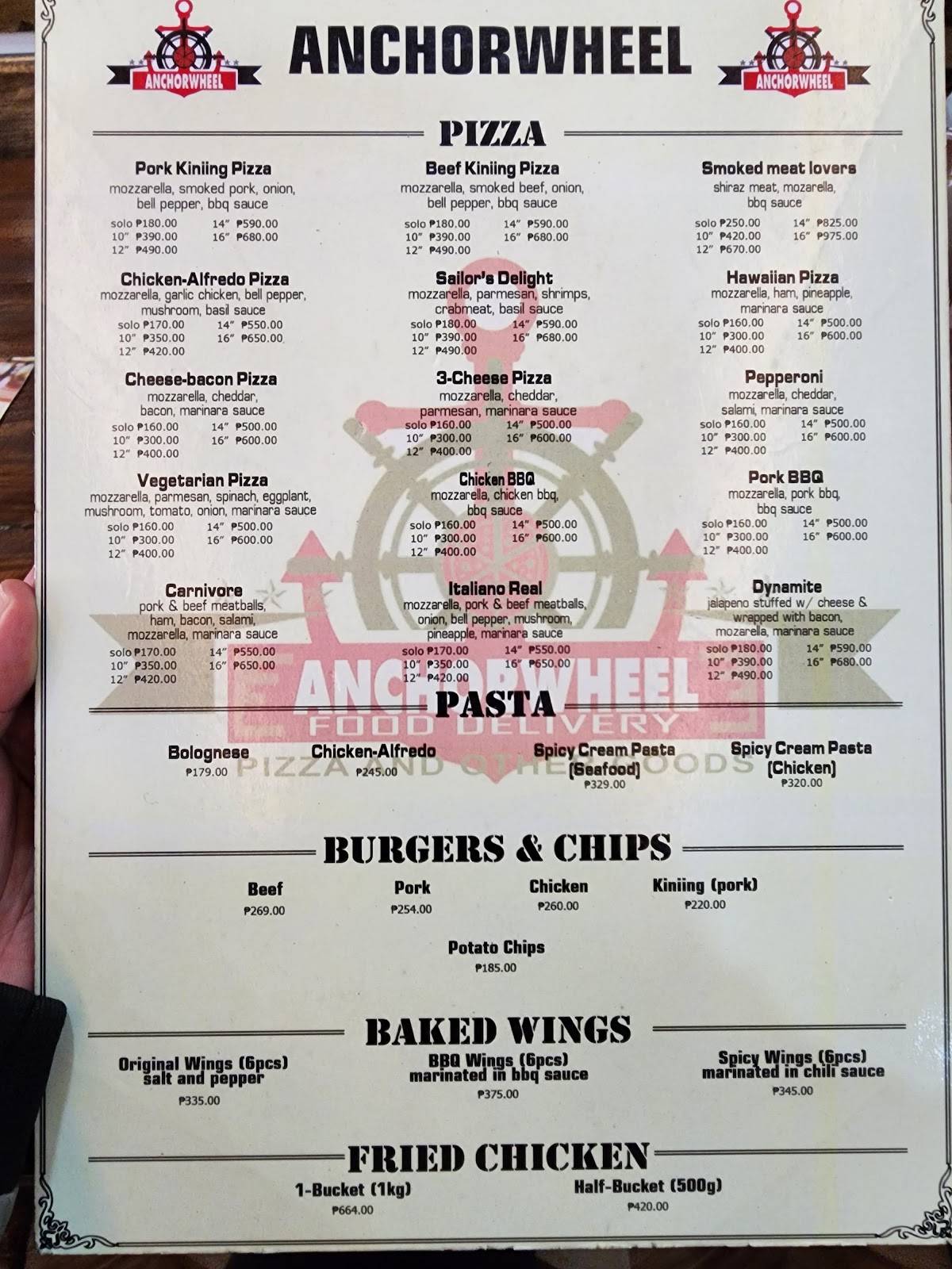 Menu at Anchorwheel restaurant, Baguio