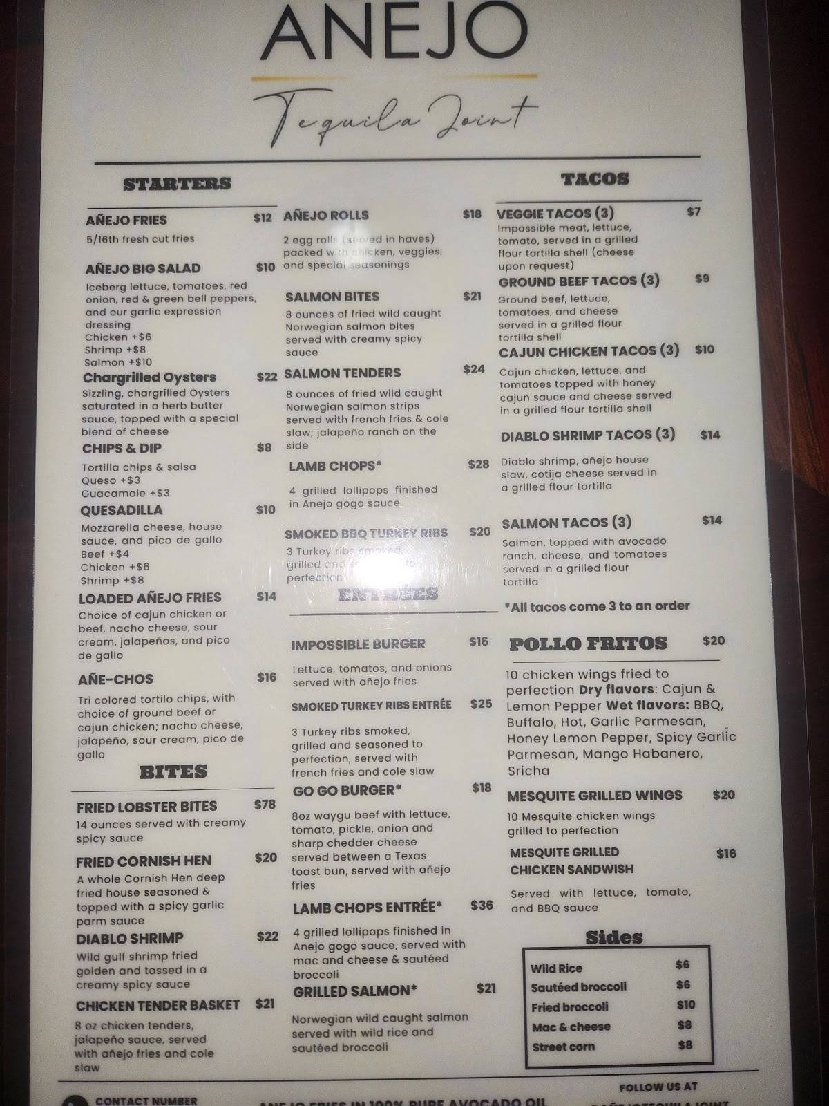 Menu at Añejo Tequila Joint pub & bar, Cleveland