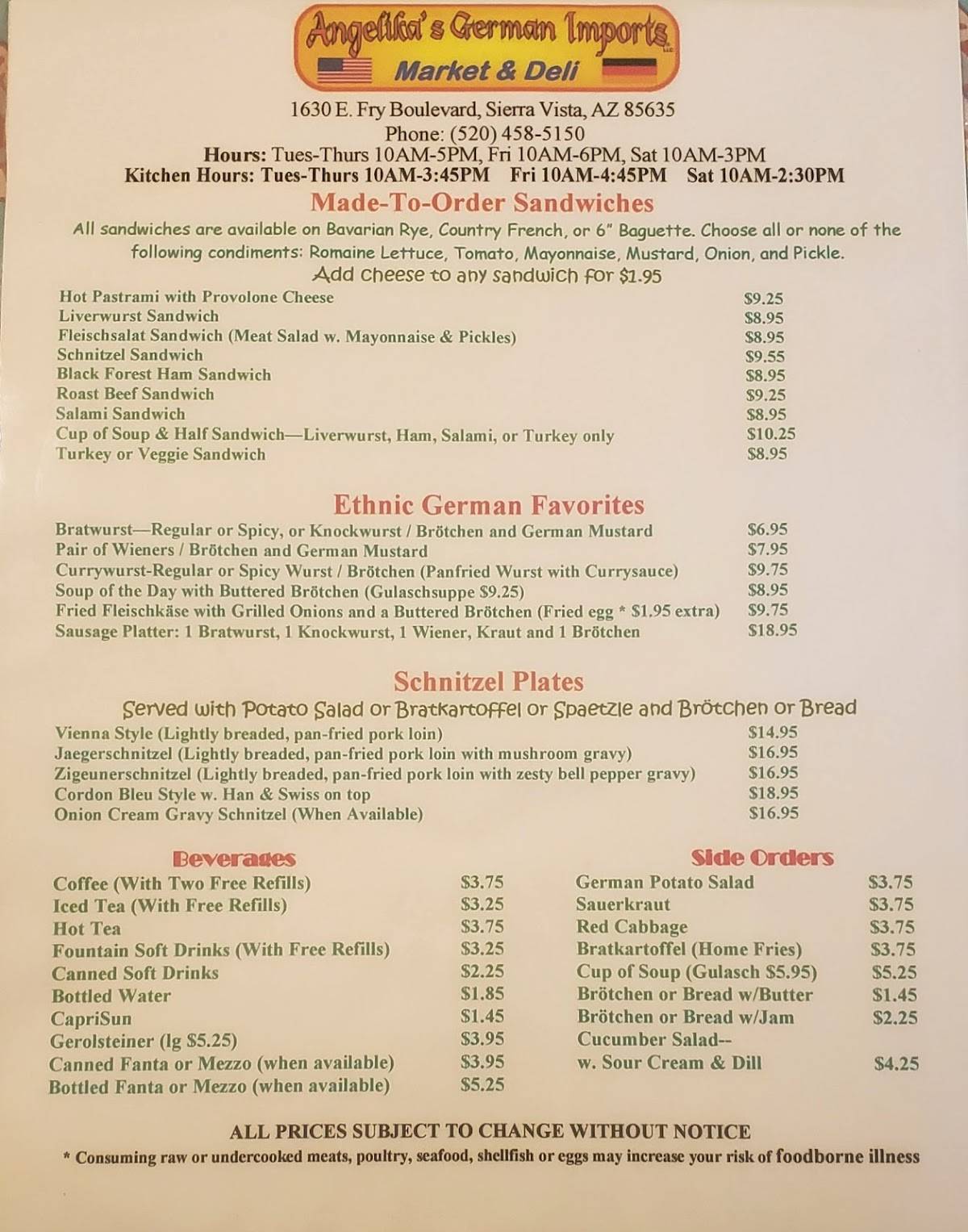 Menu at Angelika's German Imports restaurant, Sierra Vista