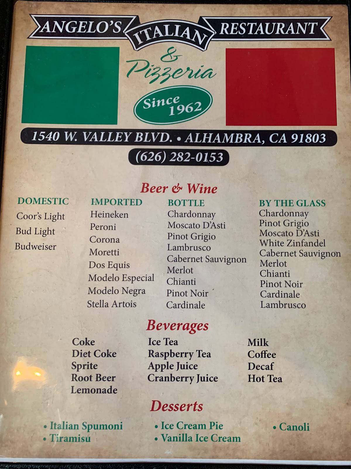 Menu at Angelo's Italian Restaurant & Pizzeria, Alhambra